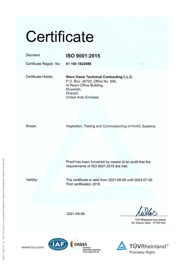 ISO Certification - Stars Oasis Tech. Cont. LLC (OTEC)
